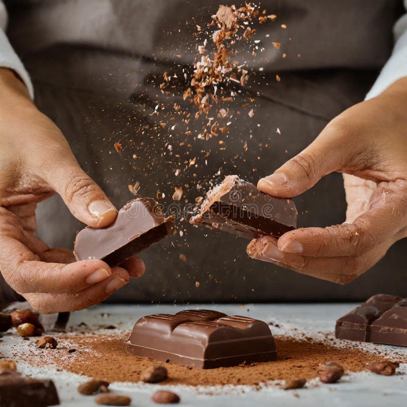 Two Hands Breaking a Piece of Chocolate and Crumbs Falling Stock Photo ...