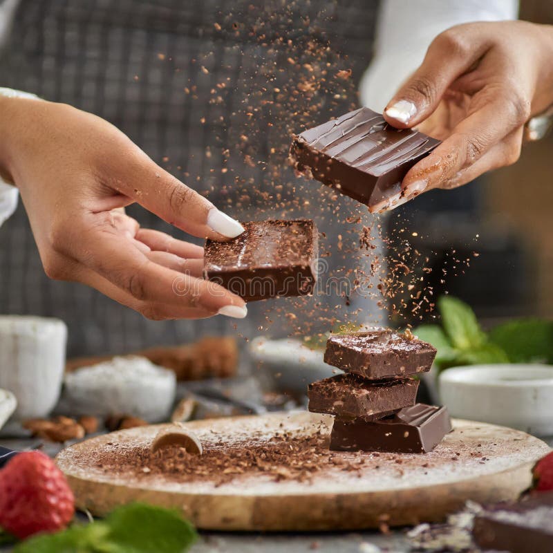 Two Hands Breaking a Piece of Chocolate and Crumbs Falling Stock Image ...