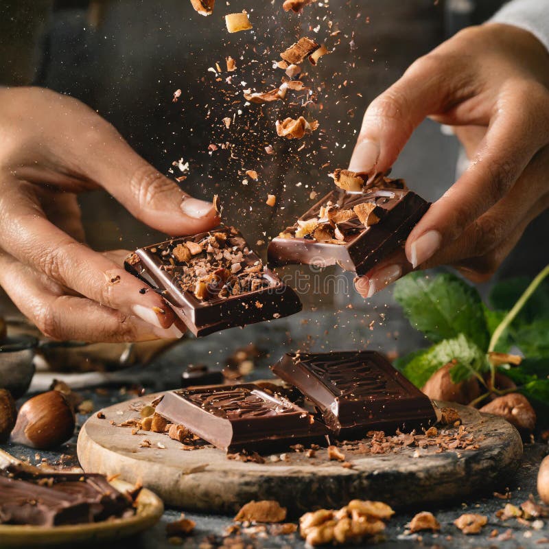 Two Hands Breaking a Piece of Chocolate and Crumbs Falling Stock Photo ...
