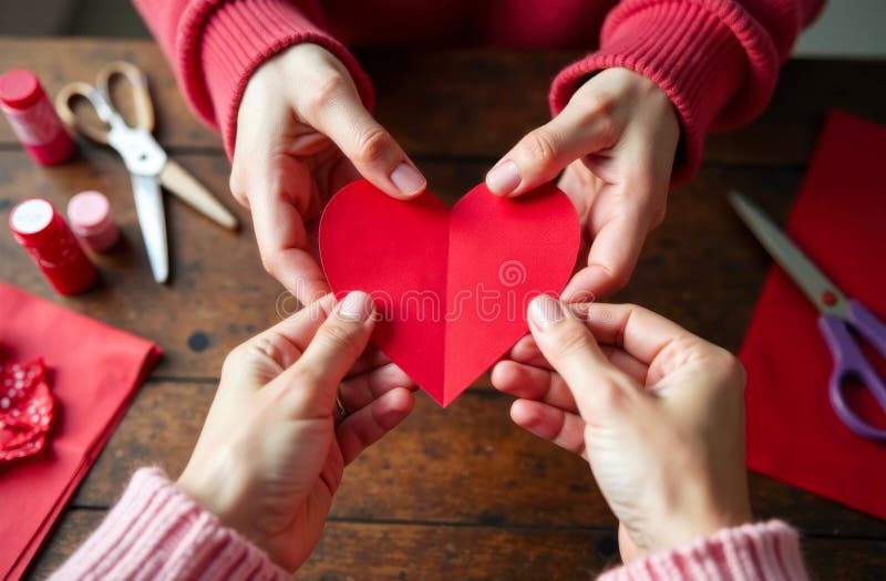 Two Hands Carefully Fold a Red Paper Heart, Creating a Thoughtful Craft ...