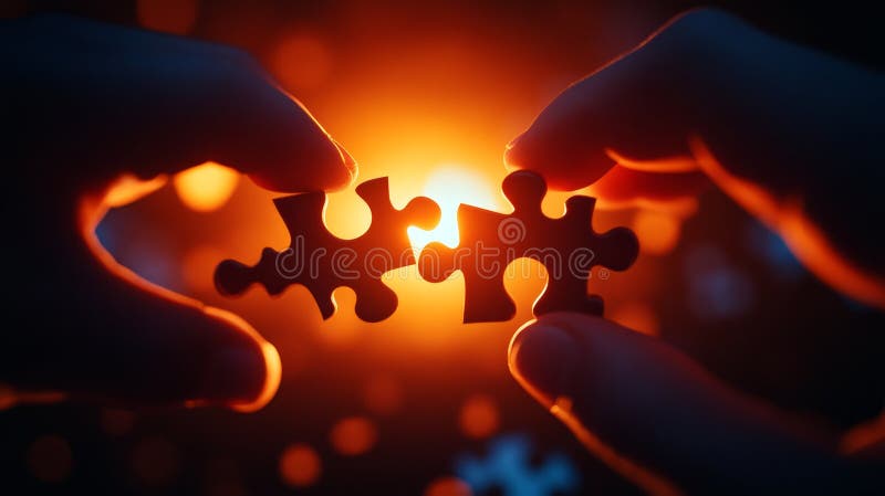 Two Hands Carefully Joining Two Interlocking Jigsaw Puzzle Pieces ...