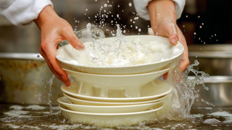 Hands Wash Stacked Dishes in a Kitchen Sink Under Warm Lighting during ...