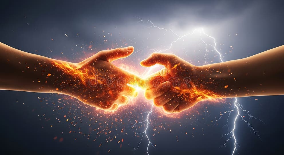 Two Hands Clash Igniting Fire and Lightning in Dramatic Confrontation Stock Illustration ...