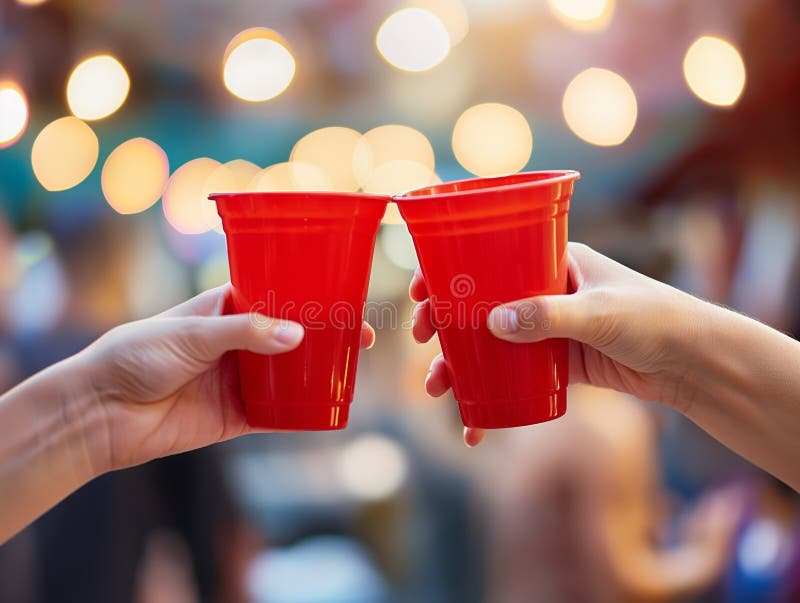 Two Hands Clinking Red Cups at a Festive Event Stock Image - Image of ...