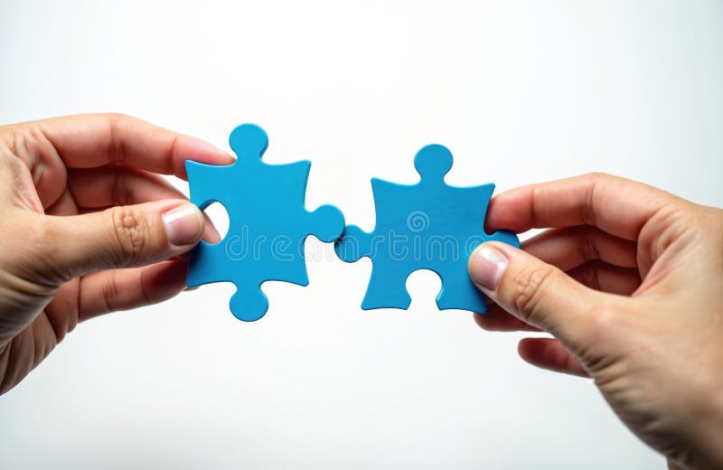 Two Hands Connect Blue Puzzle Pieces Together. this Symbolizes Teamwork ...