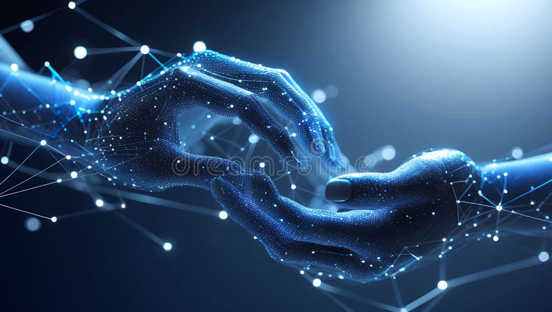 Two Hands Reaching Out with Digital Network Connections in a Dark Blue ...