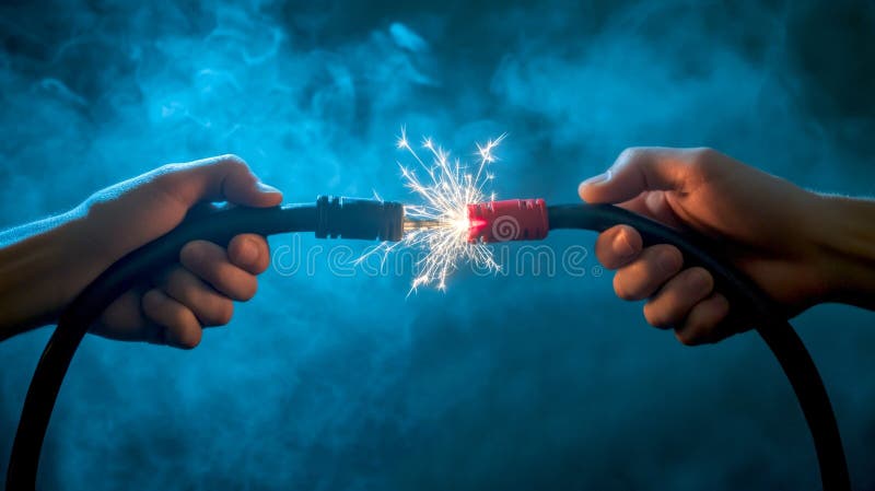 Two Hands Connect Electrical Cables, Creating a Spark that Signifies ...