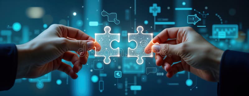 Two Hands Connect Futuristic Tech Puzzle Piece. Digital Integration ...