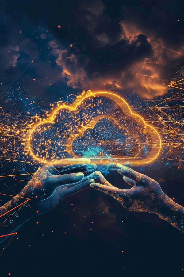 Two Hands Connect with a Glowing Cloud Symbol Against a Starry Night ...
