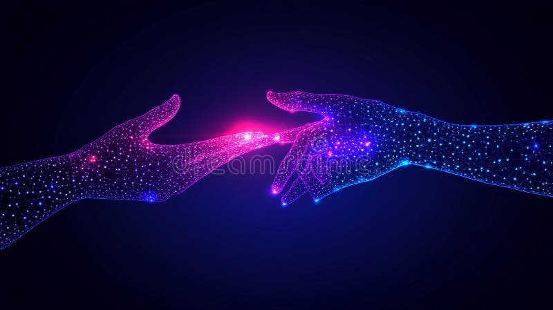 Two Hands Connect, Network, in Bold Colors of Digital Data on a ...
