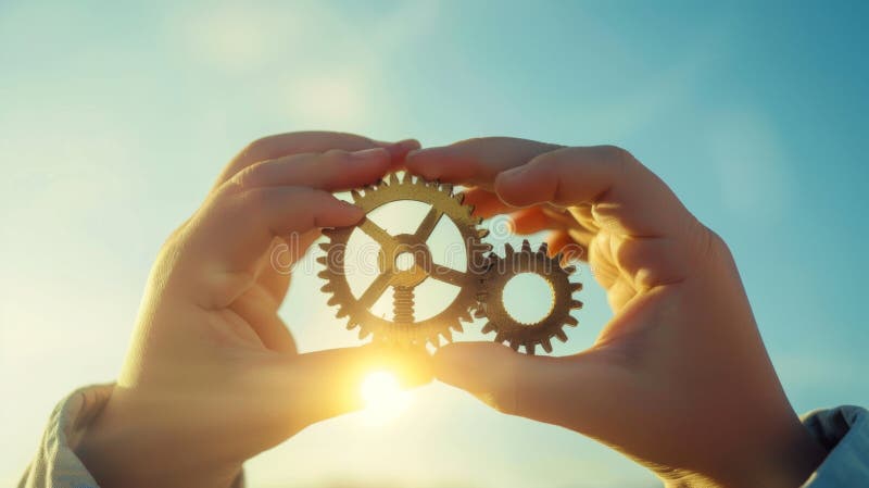 Hands Holding Gears at Sunset.AI Generated Image Stock Image - Image of ...