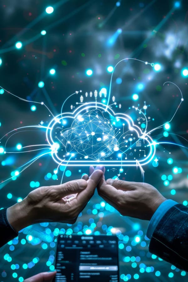 Two Hands Connecting Below Futuristic Cloud Computing Symbol ...