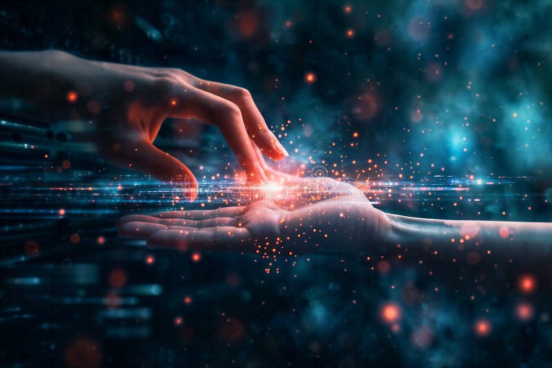 Two Hands Connecting in a Digital Space with Glowing Particles and ...