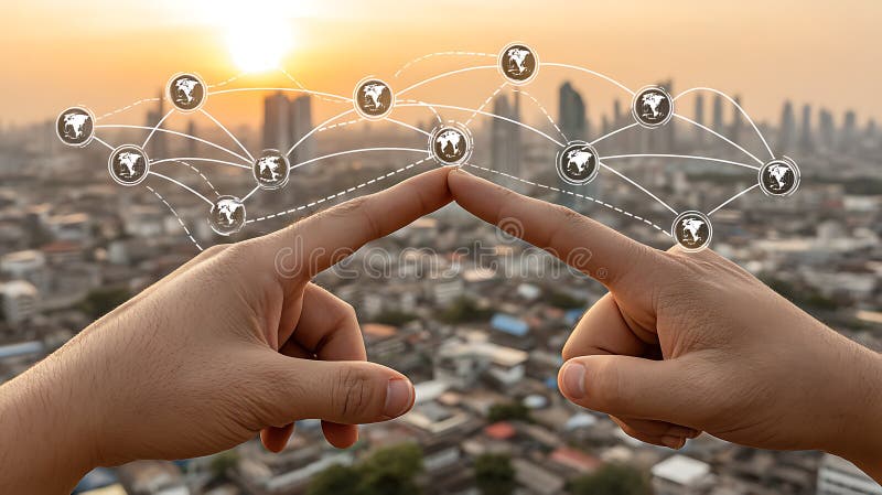 Two Hands Connecting Global Network Over City Sunset Skyline Stock ...