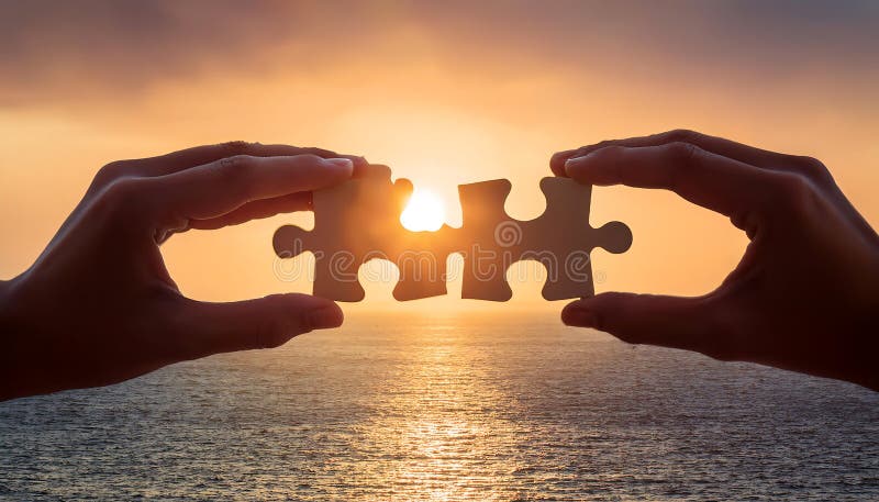 Two Hands Connecting Puzzle Pieces Sunset Over the Ocean Unity and ...