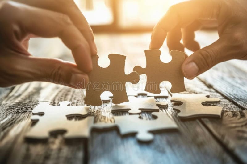 Two Hands Connecting Puzzle Pieces on Wooden Table. Stock Photo - Image ...