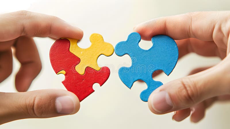 Two Hands Connecting Red and Blue Puzzle Pieces, Symbolizing Teamwork ...