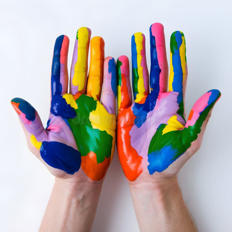 Two Hands with Vibrant Multicolored Paint, Expressing Creativity and ...