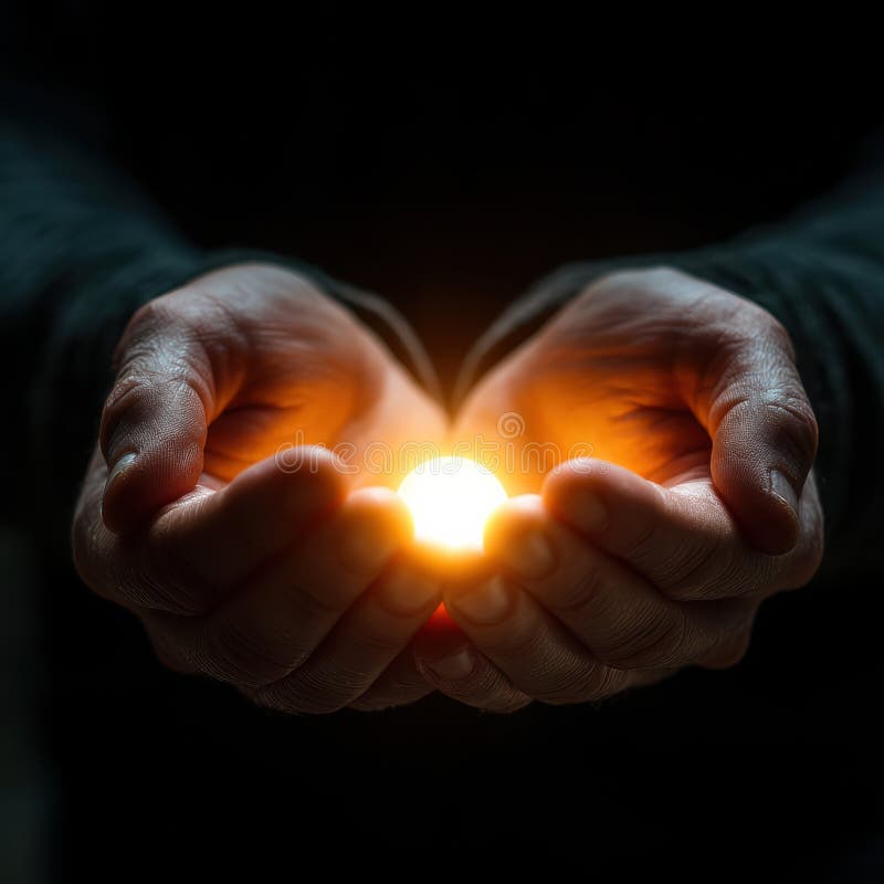 Cupping a Glowing Orb with Gentle Hands in a Darkened Space ...