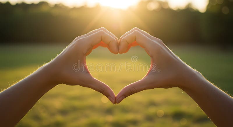 Golden Hour Heart: Hands Forming a Loving Heart Shape Against a Sunlit ...