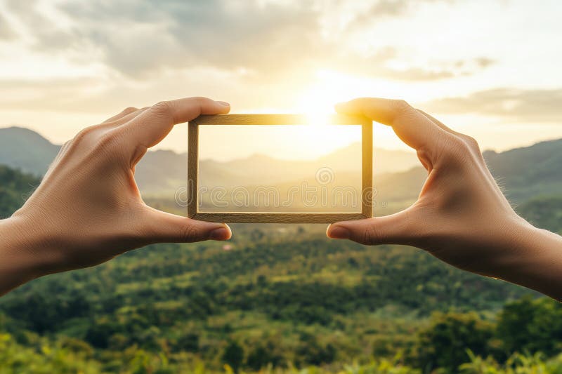 Two Hands Holding a Rectanglular Frame in Front of a Landscape with ...