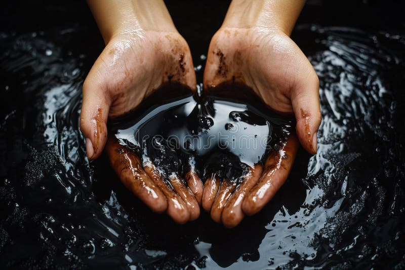 Hands Holding Black Crude Oil Reflecting the Impact of Fossil Fuels on ...