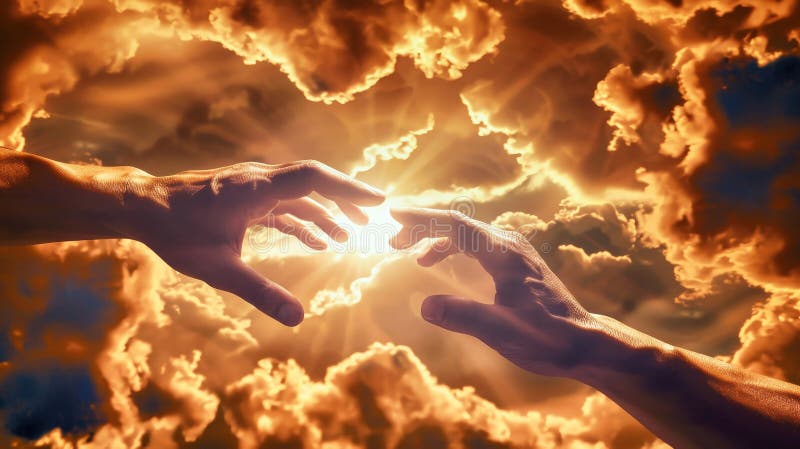 Two Hands from Different People are Reaching Towards Each Other Against ...