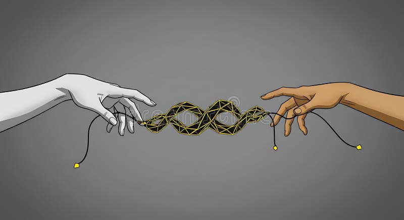 Hands Connecting Geometric Shapes with Black String on Grey Background ...