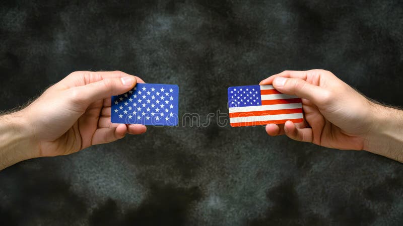 Two Hands Display Red and Blue Cards with American Flag Patterns ...
