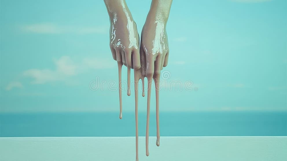 Two Hands Dripping a Viscous Substance Against a Serene Ocean Backdrop ...