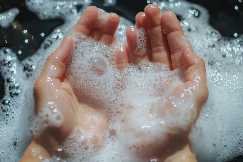 Hands Filled with Soap Bubbles in Clear Water during a Relaxing Bath ...