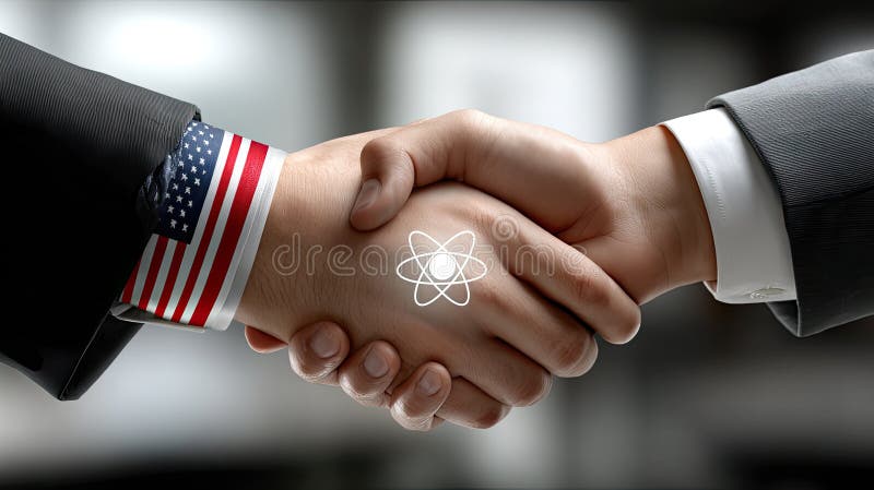 Two Hands Engage in a Handshake, Showcasing Flags while an Atomic ...