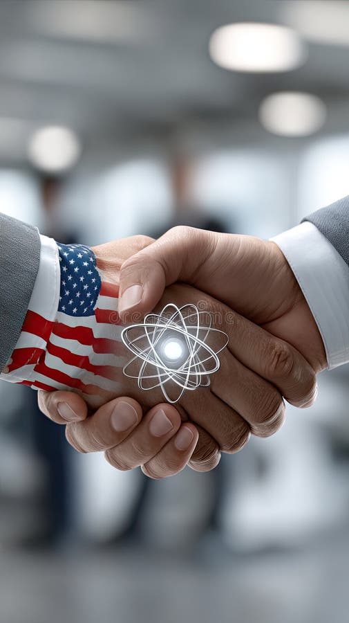 Two Hands Engage in a Handshake, Showcasing Flags while an Atomic ...