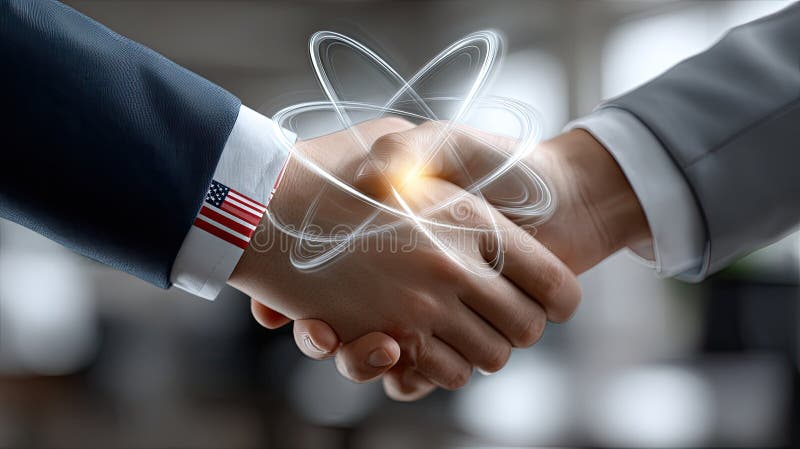 Two Hands Engage in a Handshake, Showcasing Flags while an Atomic ...