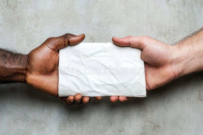 Two Hands Exchanging a Crumpled Piece of Paper Against a Textured Gray ...