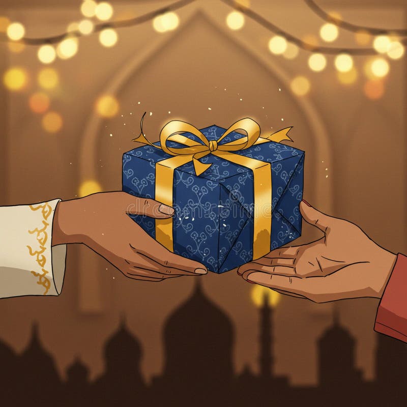 Two Hands Exchanging a Gift Box Wrapped in Blue Decorative Paper with ...