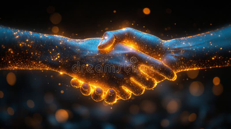 Two Hands Exchanging a Glowing Handshake with Sparkling Effects in a ...