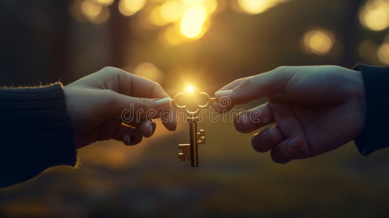 Two Hands Exchanging a Key with a Sun Flare in the Background ...