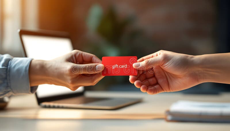 Two Hands Exchanging a Red Gift Card Stock Image - Image of computer ...