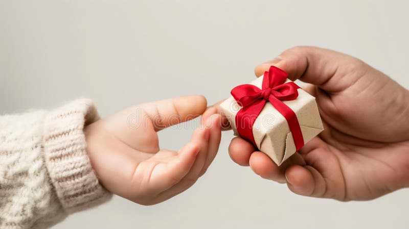 Two Hands Exchanging a Small Gift Box with a Red Ribbon Stock ...