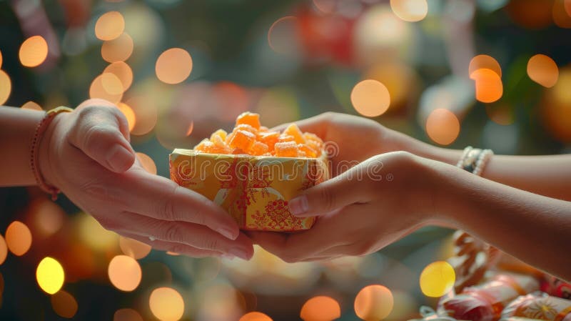 Two Hands Exchanging a Vibrant Box of Traditional Sweets, Symbolizing ...