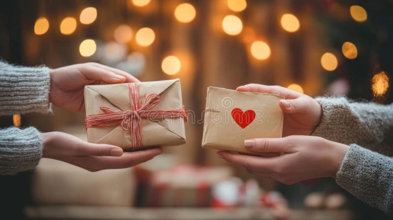 Two Hands Exchanging Wrapped Gifts with Red Accents Stock Illustration ...