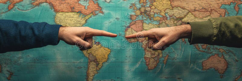 Hands Point in Opposing Directions Over World Map Illustrating ...