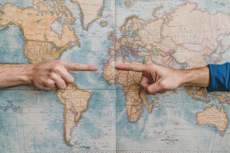 Hands Point in Opposite Directions Over a World Map Highlighting ...