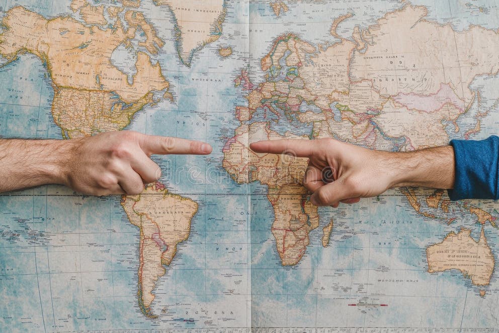 Hands Point in Opposite Directions Over a World Map Highlighting ...