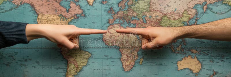 Hands Point in Opposite Directions Over Detailed World Map Illustrating ...