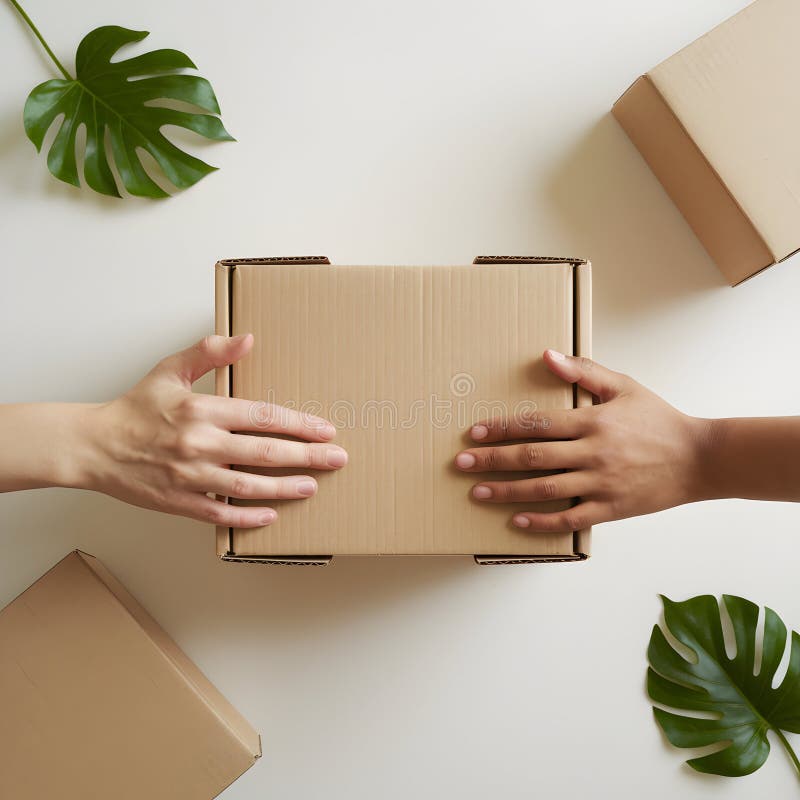 Two Hands Grip a Closed Cardboard Box, Highlighting Minimalistic Design ...