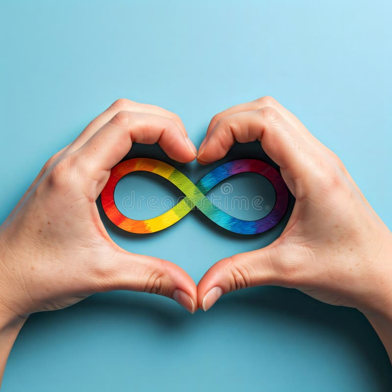 Two Hands Form a Heart Shape Around a Rainbow-colored Infinity Symbol ...
