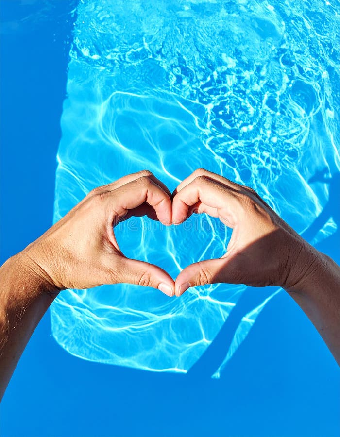Shadows of Hands Forming a Heart on Blue Swimming Pool Water Background ...