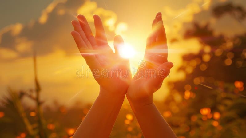 Hands Embracing the Golden Sunset. AI Generated Stock Photo - Image of ...